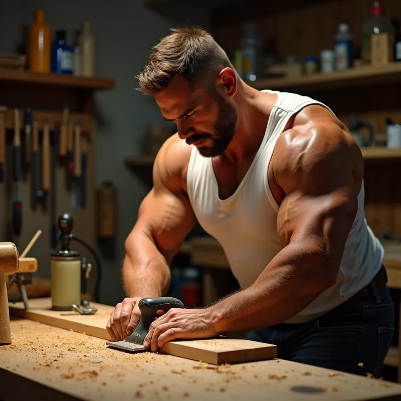 Bodybuilder Carpenter Planing Oak Plank - Tangra AI Image Generator
