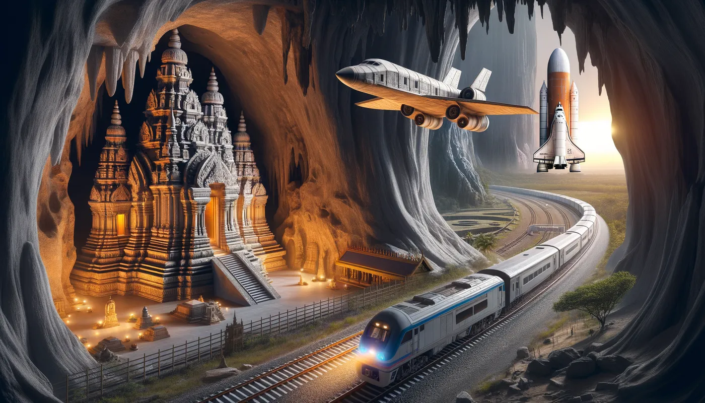 Cave Temple: Spacecraft, Train - Tangra AI Image Generator
