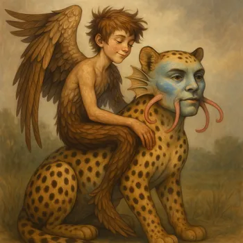 Two-Headed Chimera by the Cave - Tangra AI Image Generator