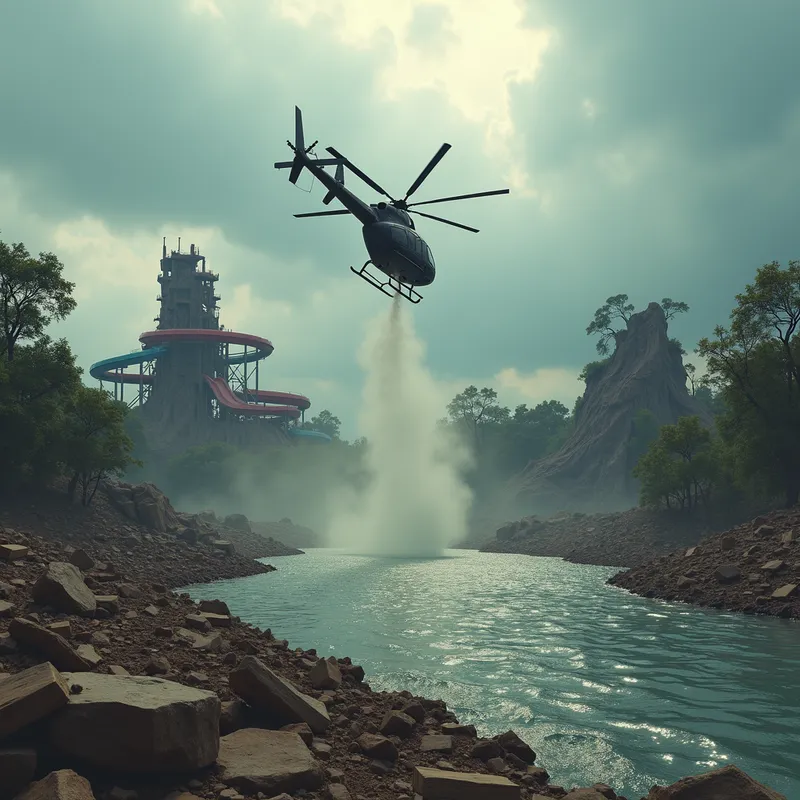 Helicopter Leaving Destroyed Water Park - Tangra AI Image Generator