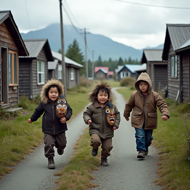 Masked Alaskan Youth in Village - Tangra AI Image Generator