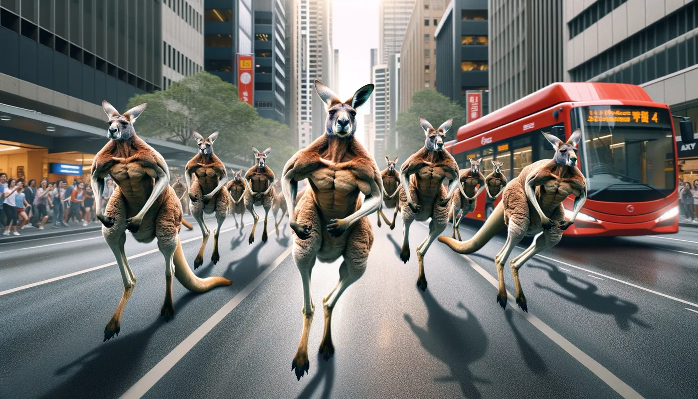 Muscular Kangaroos Chase Bus - Tangra AI Image Generator